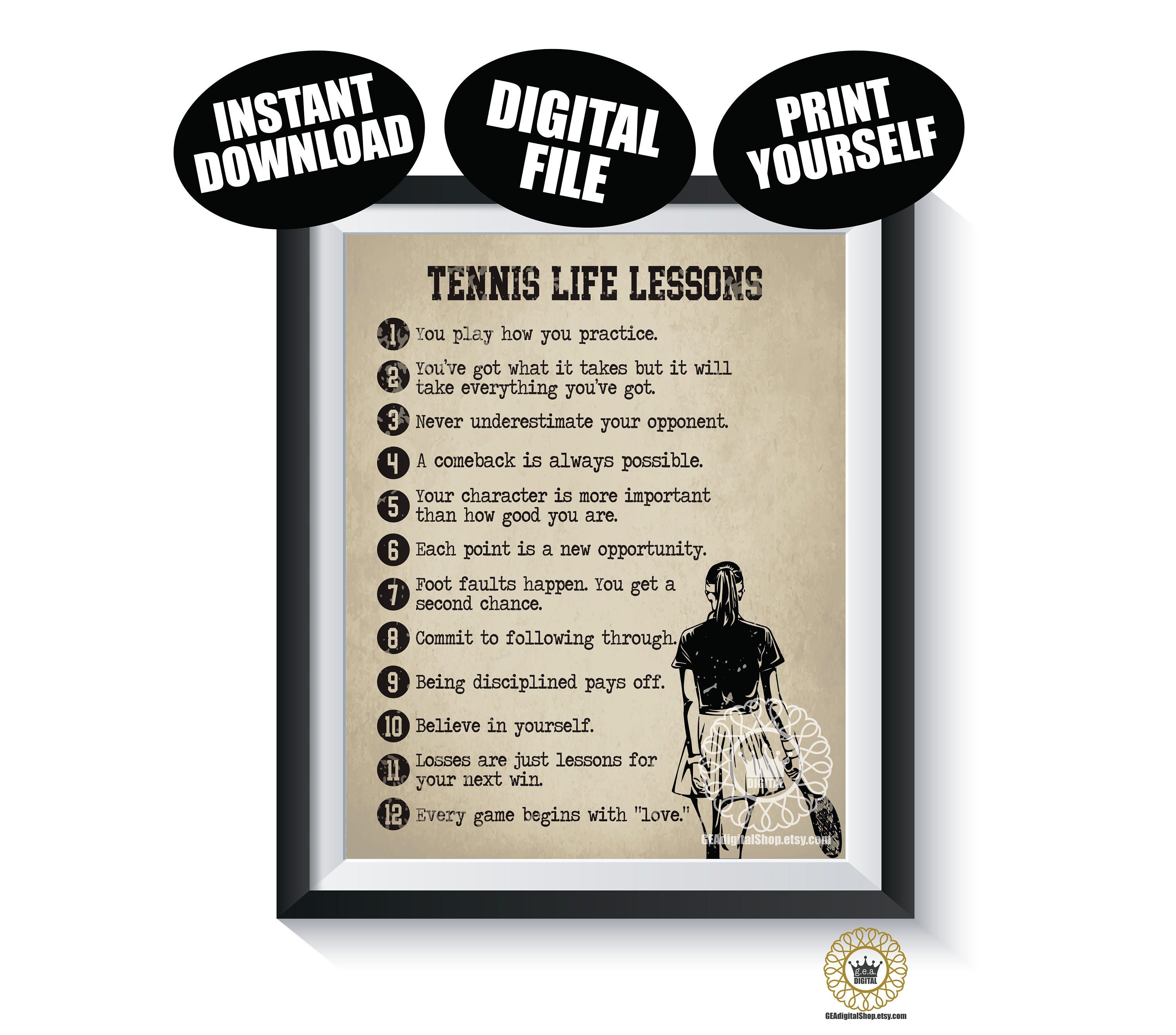 GIRL Tennis Life Lessons DIGITAL FILE Motivational Sports Poster Team ...