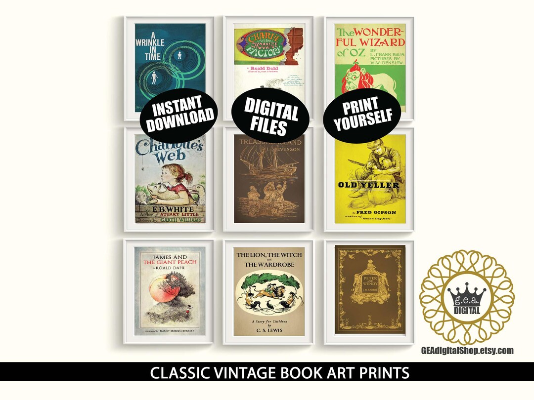 Vintage Classic Books Wall Art DIGITAL FILES Qty 9 Classic Books ...