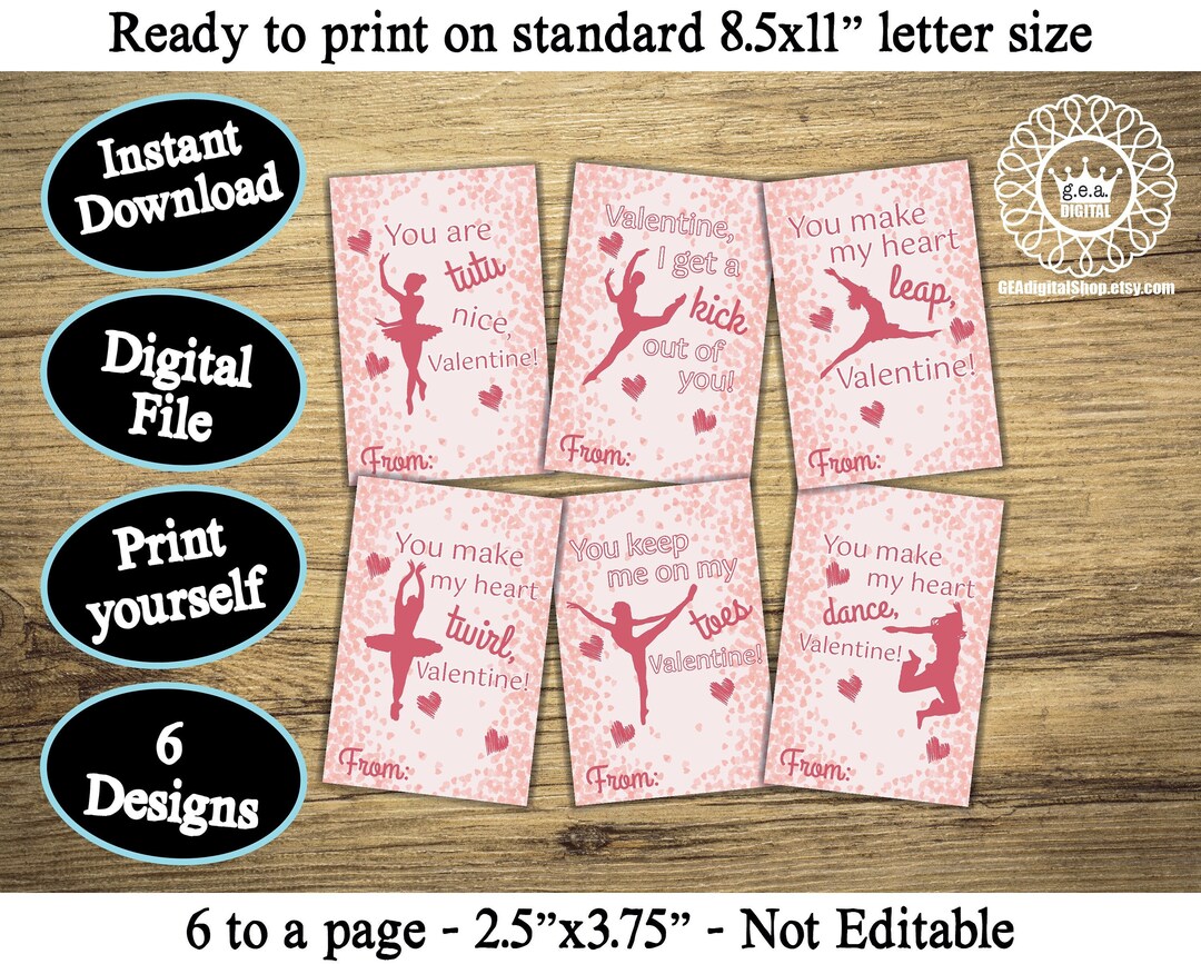 Dance Valentine Cards Ballerina DIGITAL FILES Printable School ...