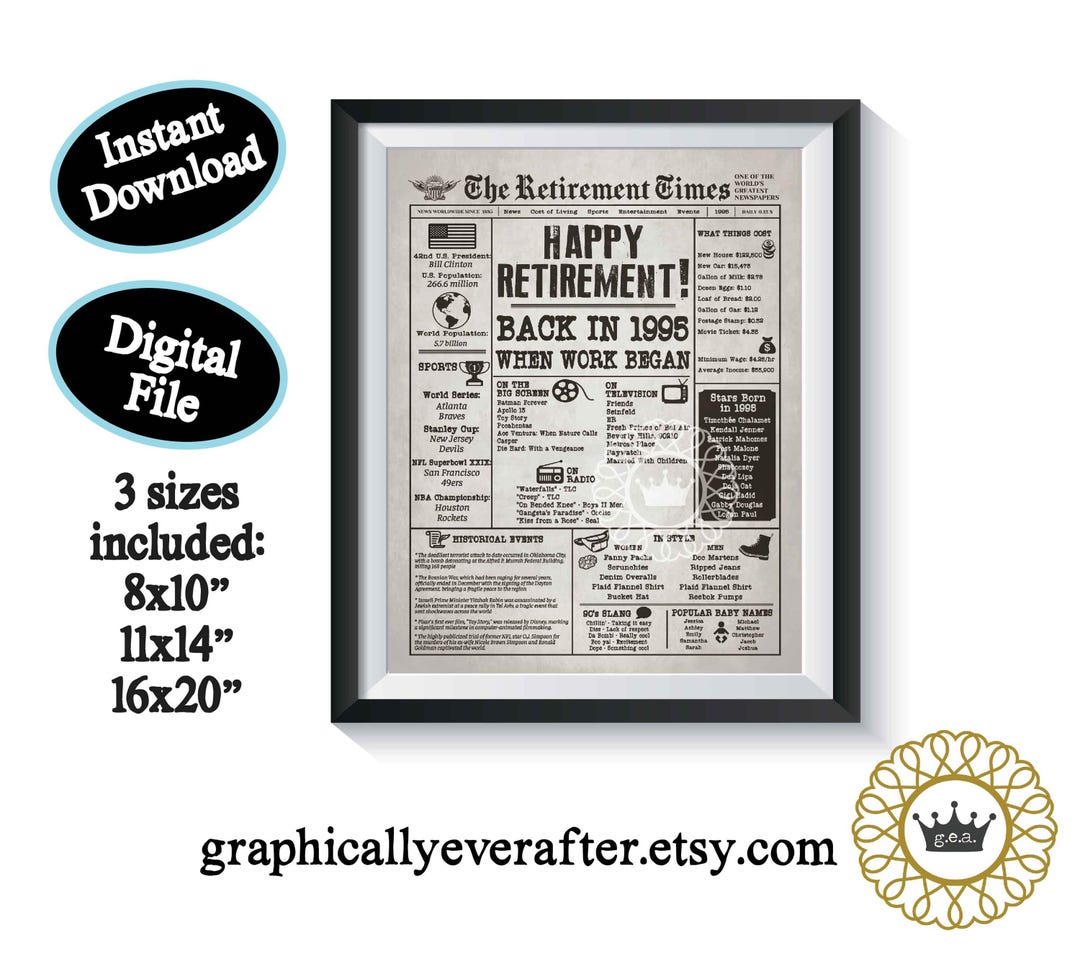 Retirement Newspaper 30 Years Poster DIGITAL FILE Career Started 1995 ...