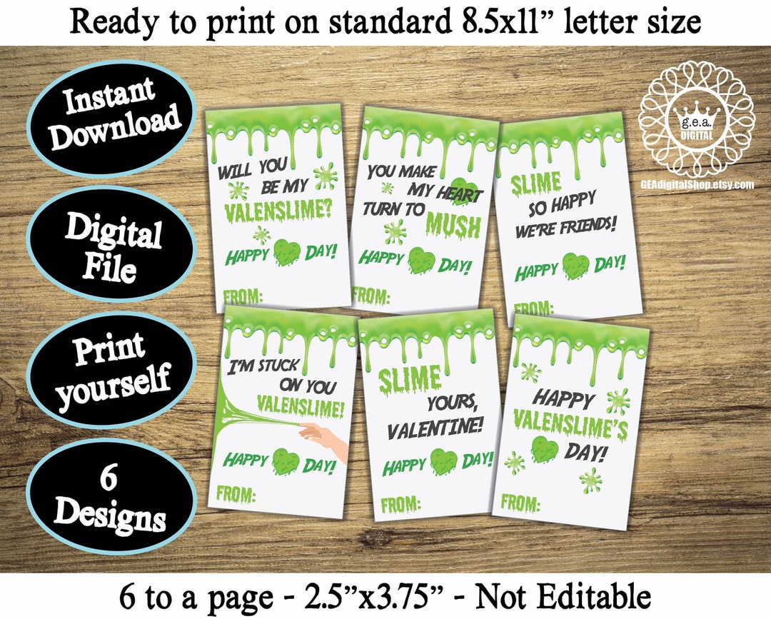 Slime Valentine's Day Cards DIGITAL FILES Printable Boys Girls Kids ...