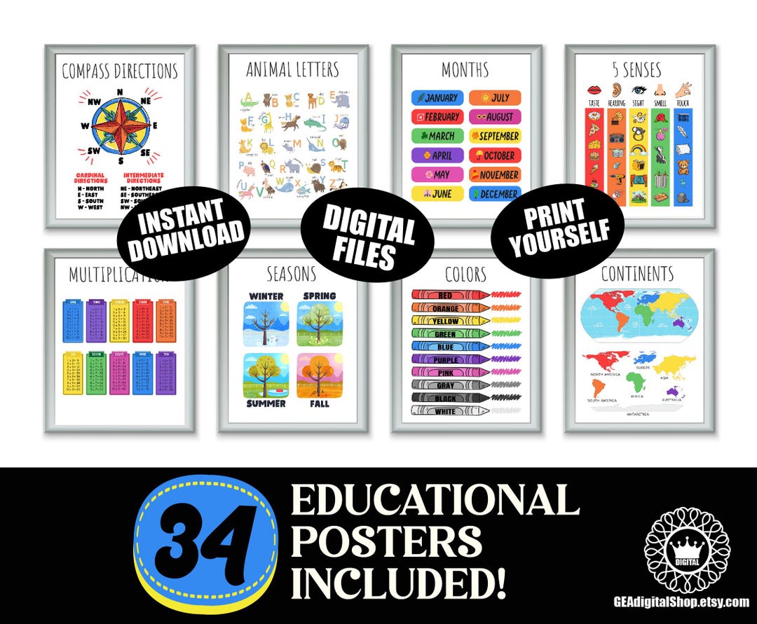 Set of 34 Toddler Playroom Posters, Kids Educational Poster Set ...