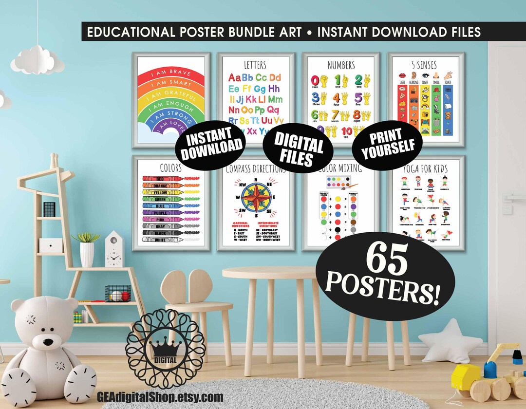 Set of 65 Educational Playroom Posters, Homeschool Printable Wall Art ...