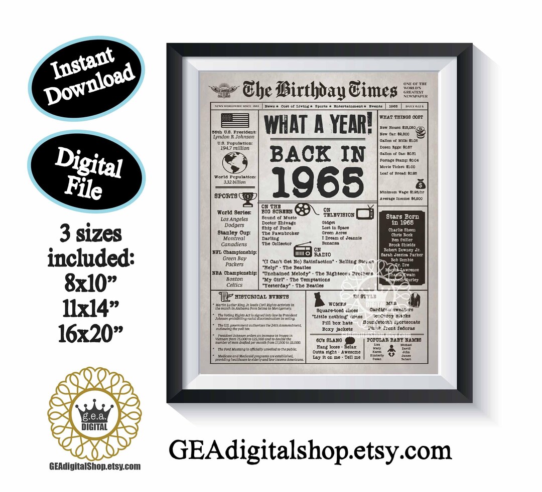 1965 Birthday Newspaper Poster DIGITAL FILE 60th Birthday Milestone ...