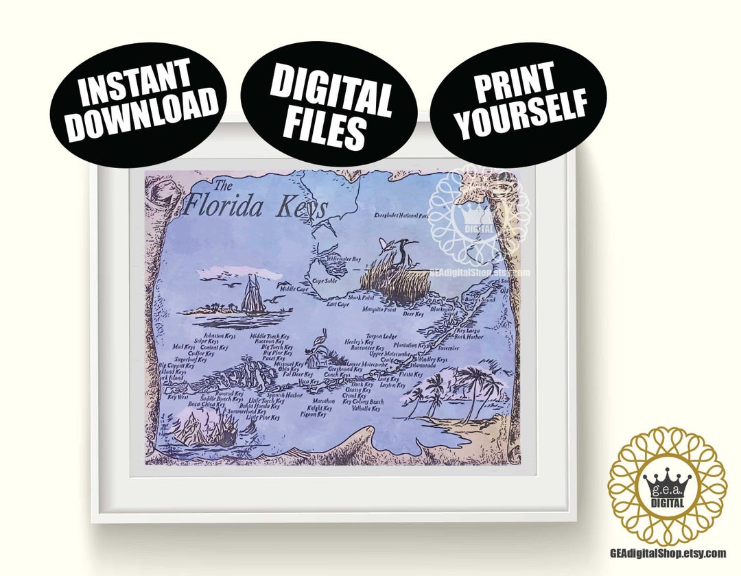 Florida Keys Map Art, Vintage Florida Keys Map Watercolor Wall Art ...