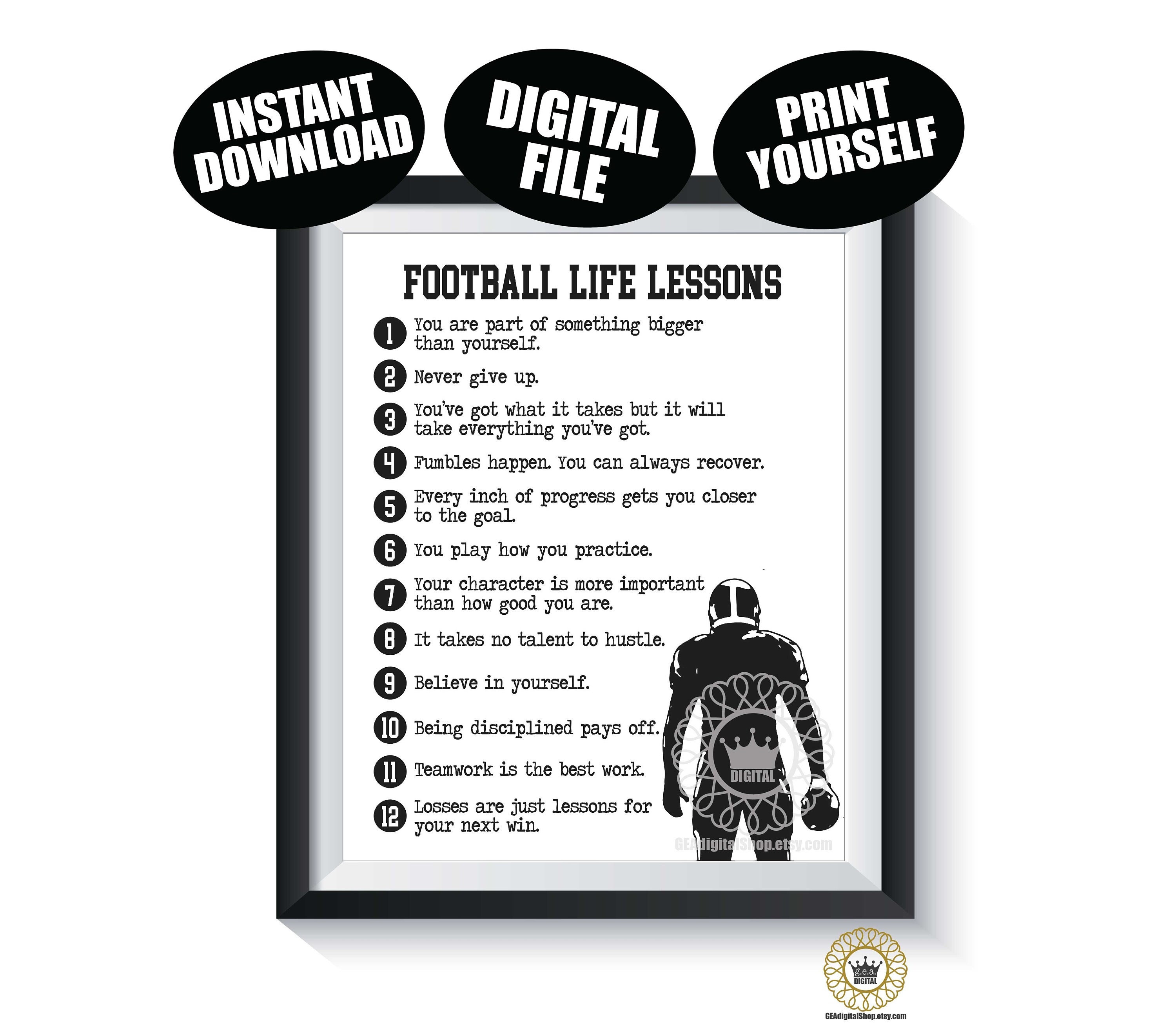 Football Life Lessons DIGITAL FILE Motivational Sports Poster Team Gift ...