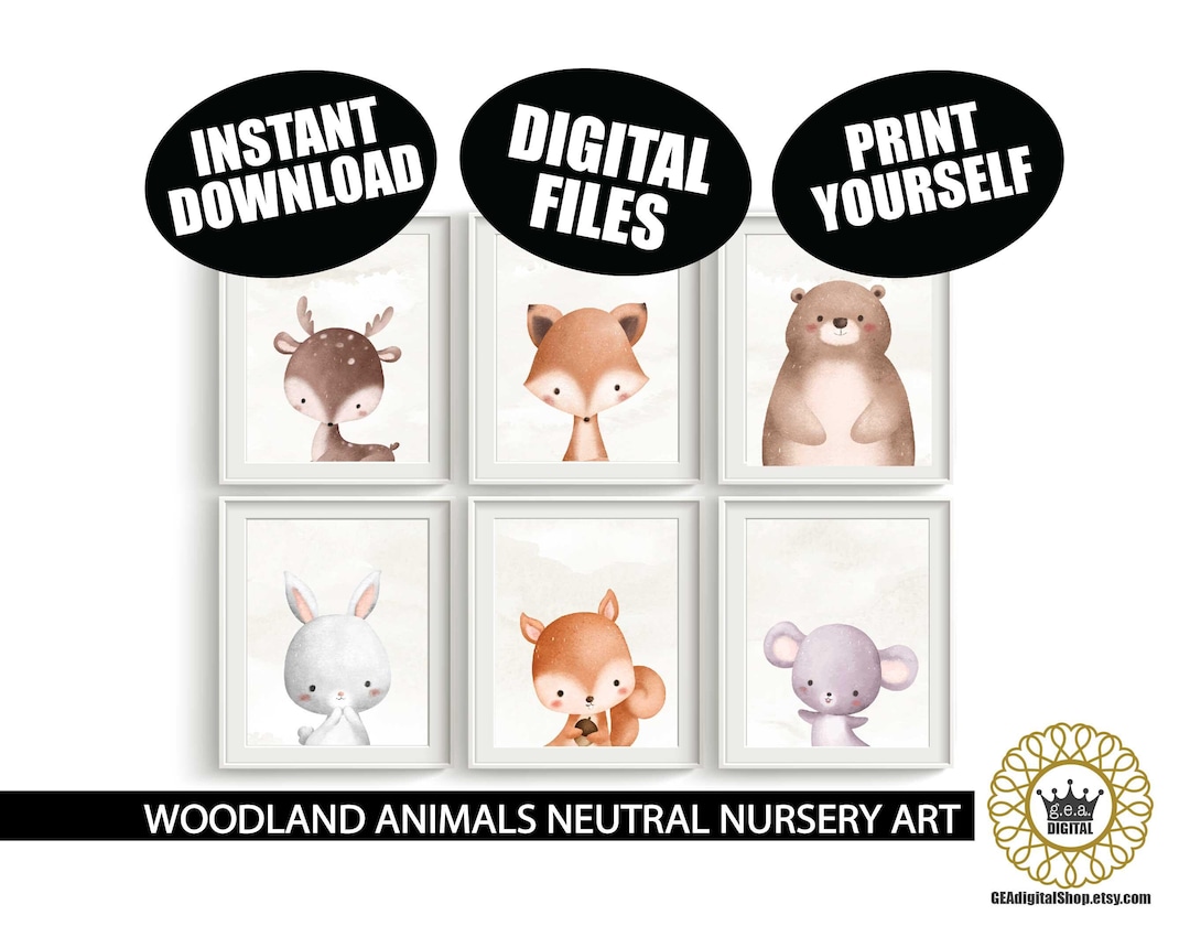 Woodland Animal Neutral Nursery Decor DIGITAL FILES, Set of 6 Forest ...