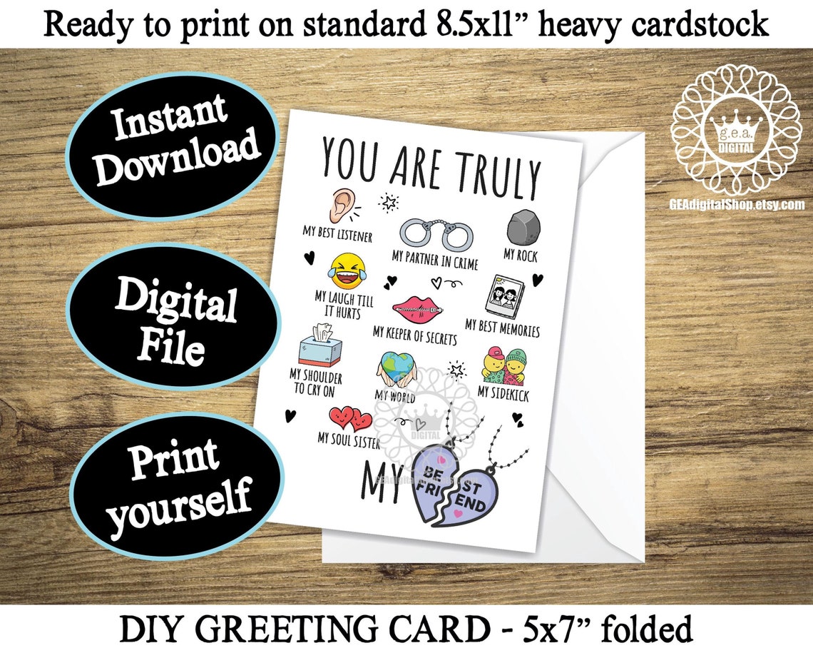 Best Friend Card PRINTABLE Friendship Card for Bestie, Soul Sister ...