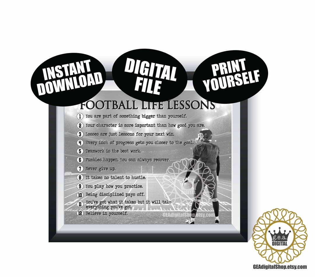 Football Life Lessons Art DIGITAL FILE Motivational Sports Poster Team ...