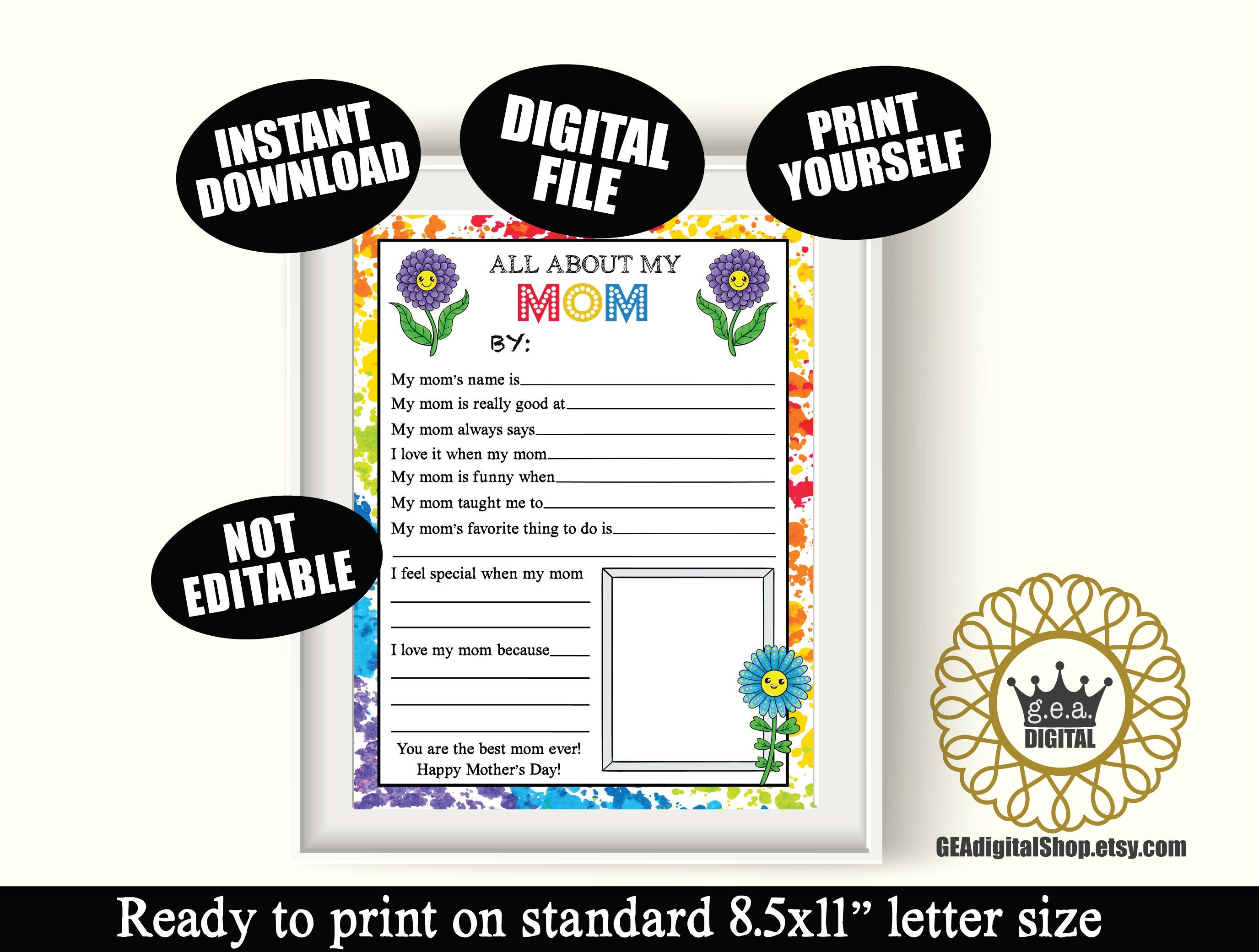 All About My Mom Mothers Day Gift Craft DIGITAL FILES Classroom School ...