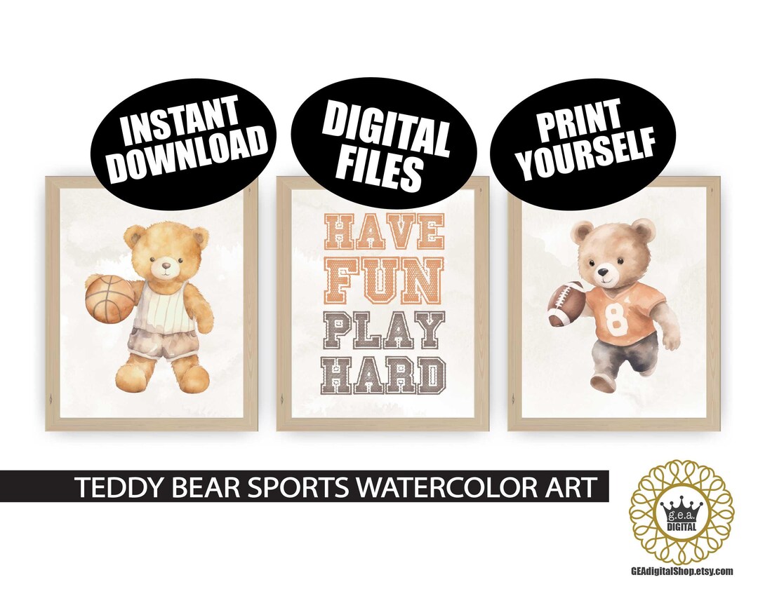 Cute Teddy Bear Sports Nursery Decor DIGITAL FILES, Set of 3 Kids Teddy ...