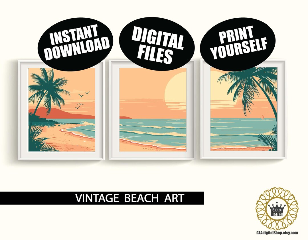 Vintage Beach Sunset Art DIGITAL FILE Retro Tropical Ocean Poster Qty 3 ...