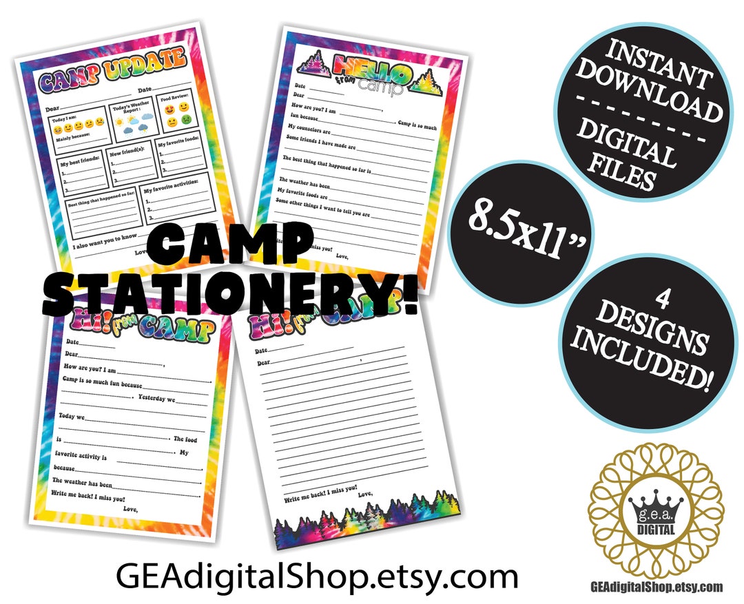 DIGITAL Camp Stationery Tie Dye Summer Camp Note Cards Sleep Away ...