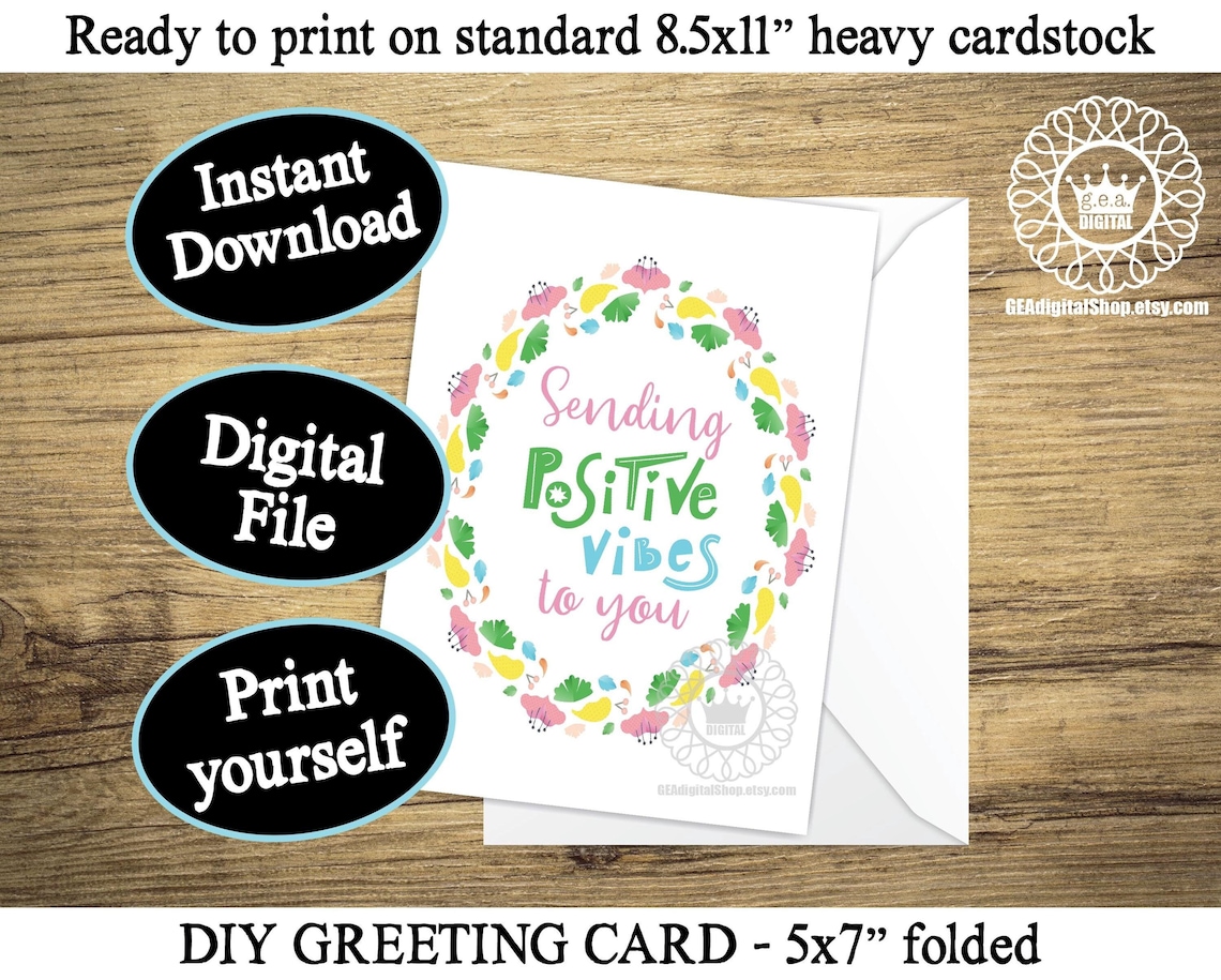 Positive Vibes Greeting Card PRINTABLE, Thinking of You Card, Digital ...