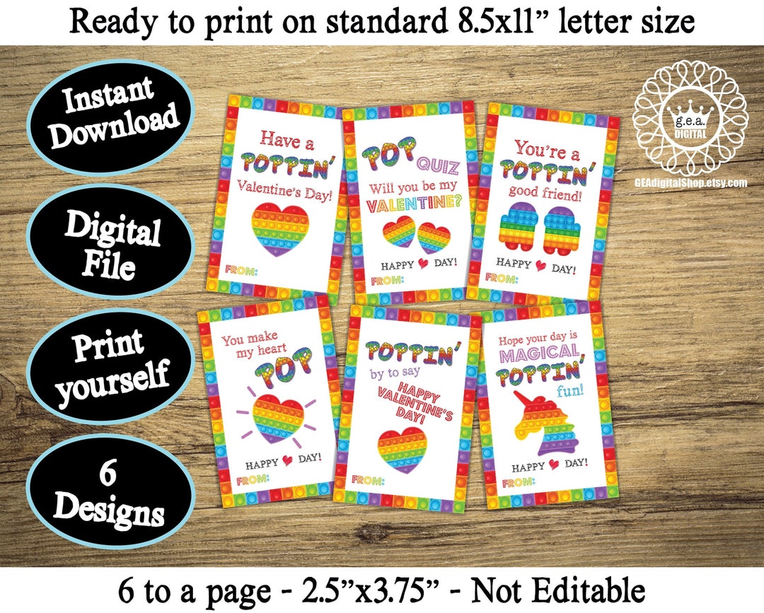 Pop It Valentine Cards DIGITAL FILES Printable School Classroom Party ...