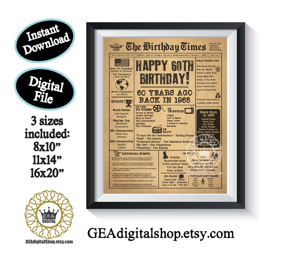 1965 Birthday Newspaper Poster DIGITAL FILE 60th Birthday Milestone ...