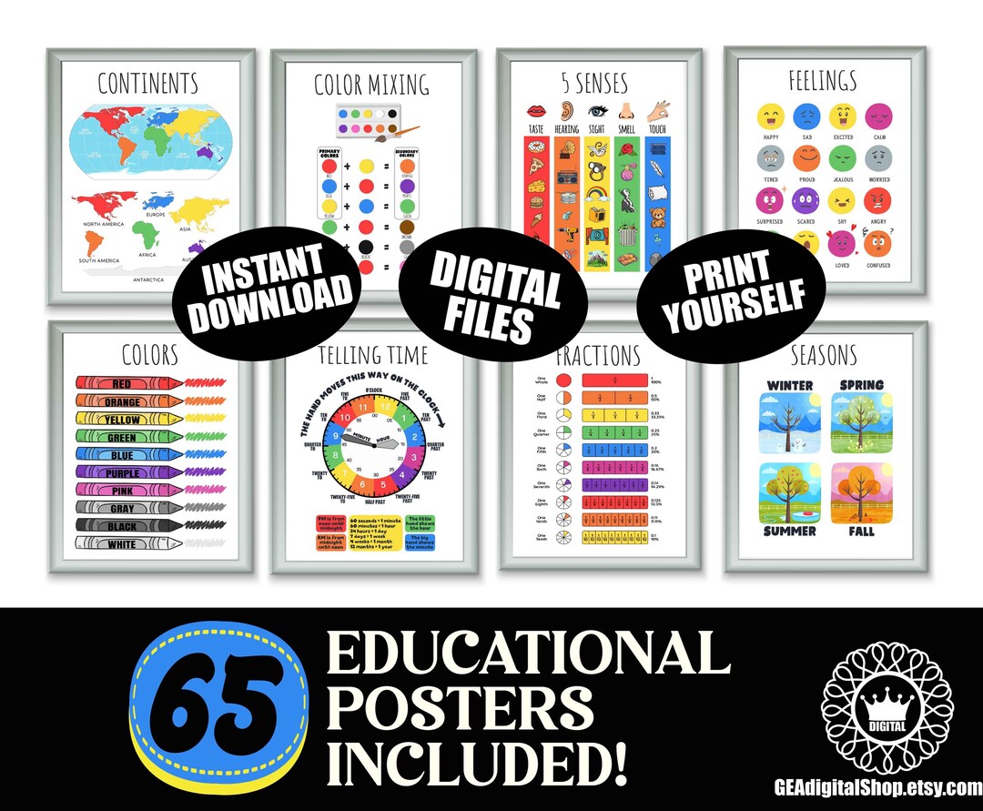 Set of 65 Educational Summer School Posters Kids Montessori School Wall ...