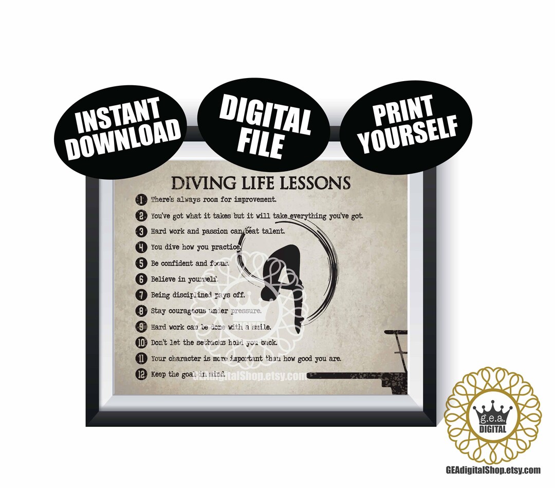 Diving Life Lessons Poster DIGITAL FILE Inspirational Diving Art ...