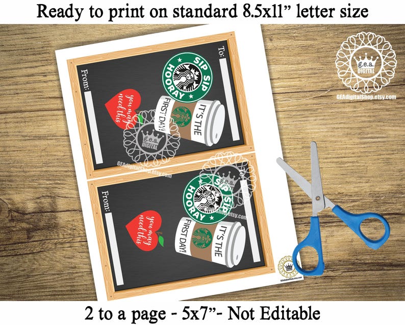 PRINTABLE Teacher First Day of School Starbucks Gift Card Holder, Back ...