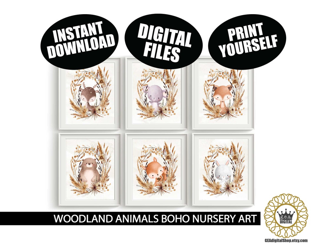 Woodland Animal Boho Nursery Decor DIGITAL FILES, Set of 6 Kids ...