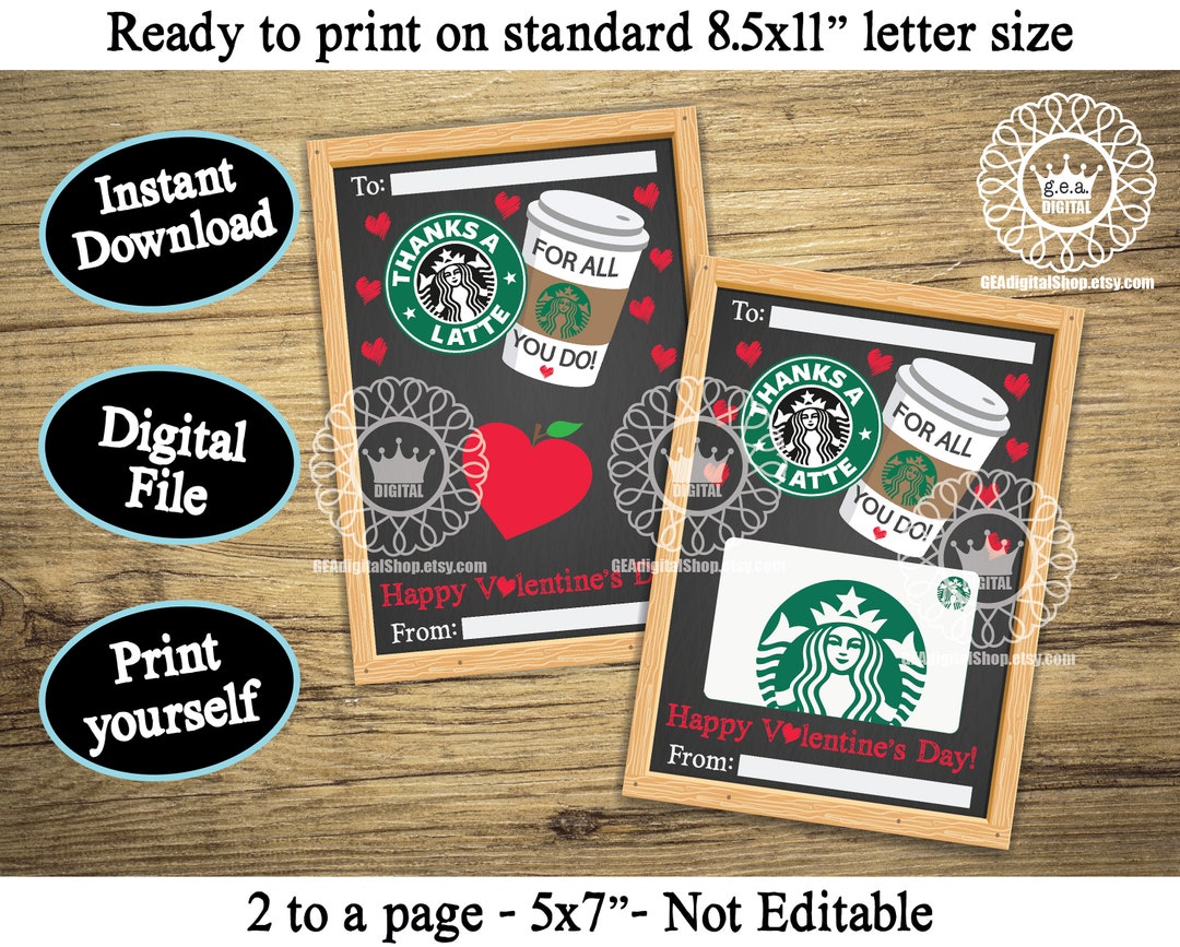 PRINTABLE Valentine Teacher Gift Card Holder Starbucks Coffee Valentine ...