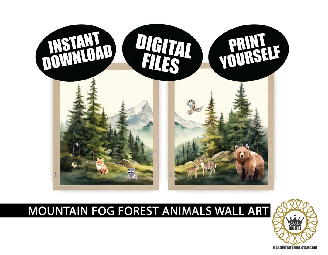 Woodland Animals Nursery Art DIGITAL FILES Qty 2 Foggy Mountain Forest ...