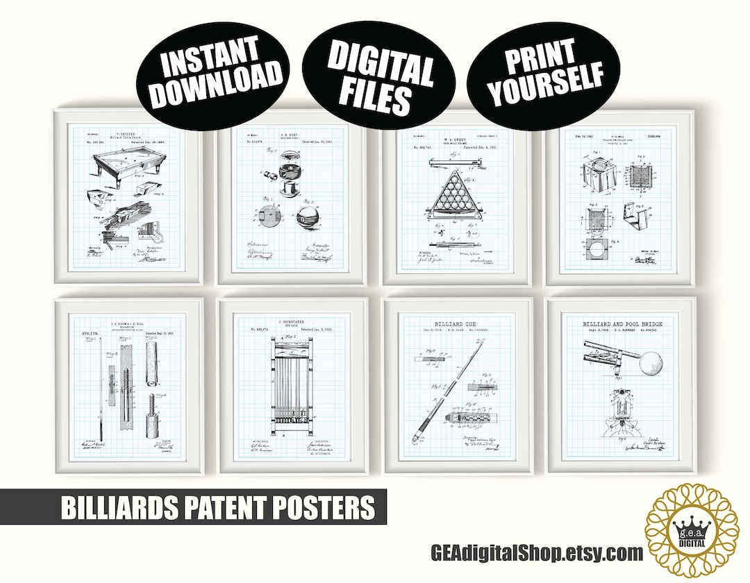 Pool Table Patent Posters DIGITAL FILES, Billiards Room Wall Art Prints ...