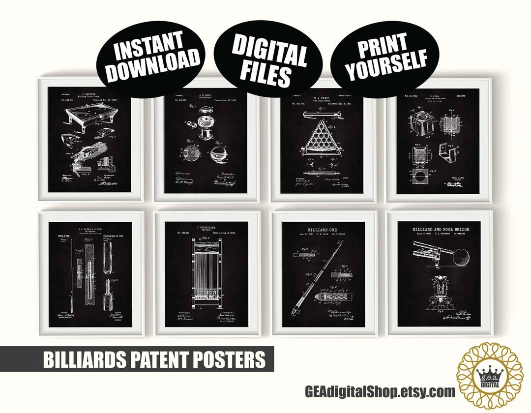 Billiards Patent Chalkboard Art DIGITAL FILES, Pool Table Black Wall ...