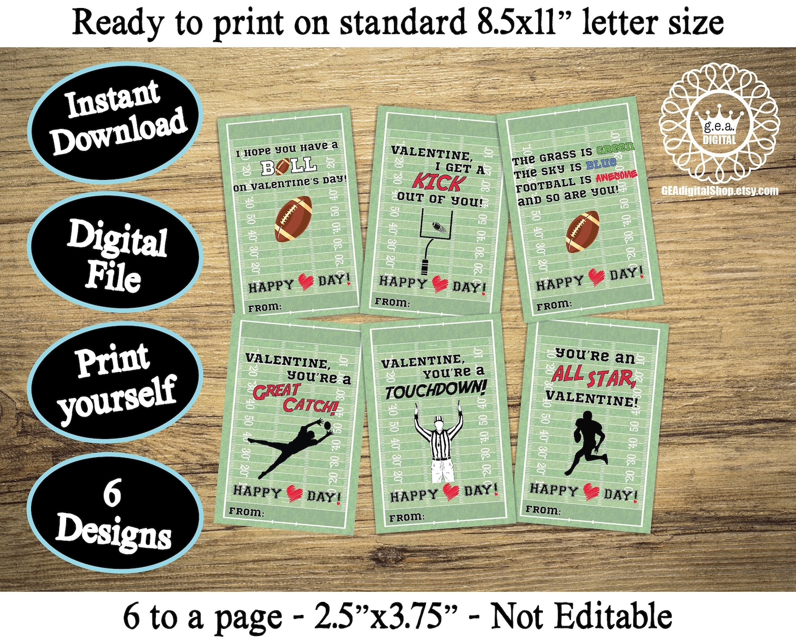 Printable Football Valentine Cards DIGITAL FILES Sports Kid Valentines ...
