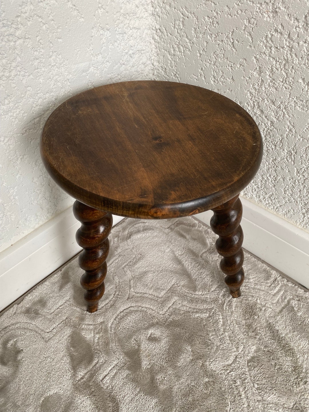 French Tripod Stool in Solid Wood With Twisted Legs, Turned Wood Saddle ...