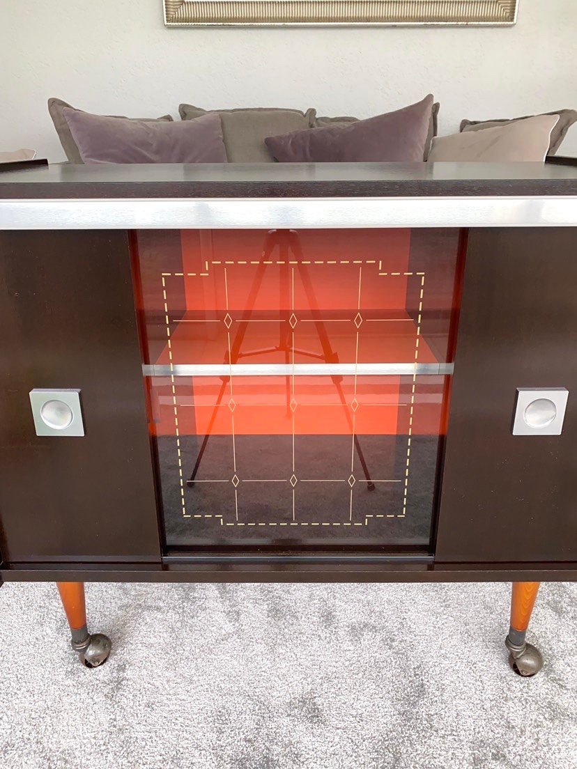 1970's Vintage French TV Stand Castors, Wood Silk-screened Glass ...
