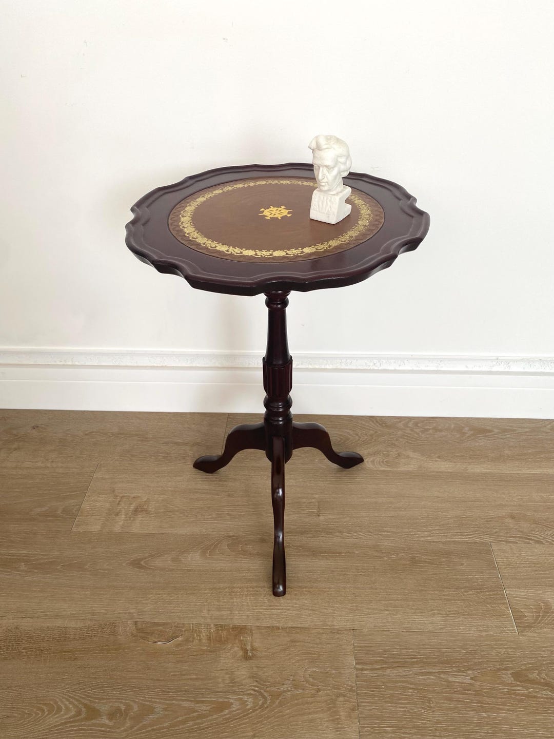 Small Vintage French Wine Table With Brown Leather Top, Small Round ...