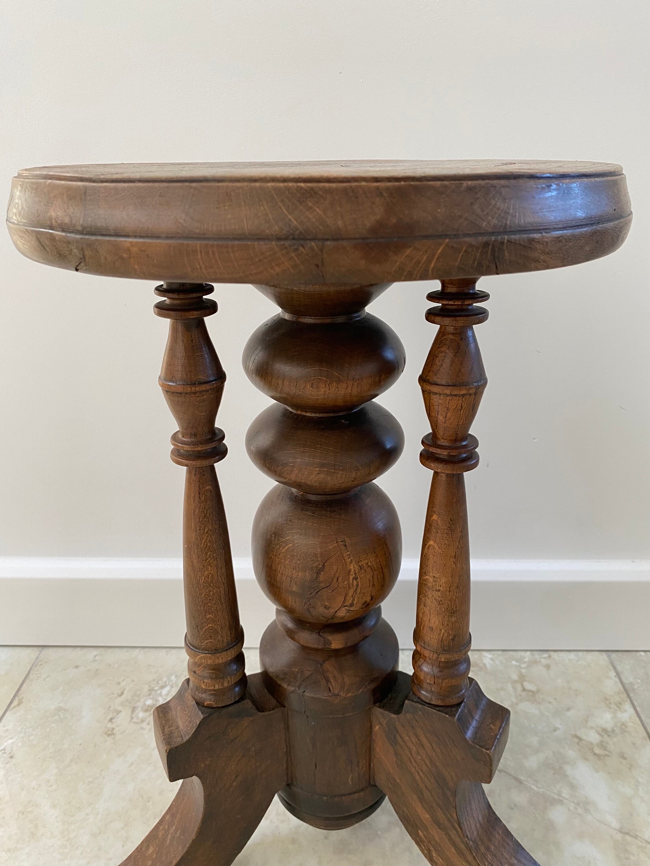 Small Round Solid Wood TABLE/GUERIDON, Small Side Table With Turned ...
