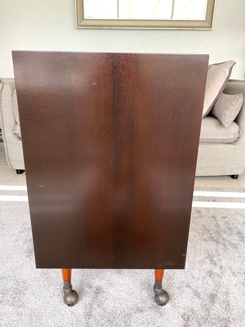 1970's Vintage French TV Stand Castors, Wood Silk-screened Glass ...