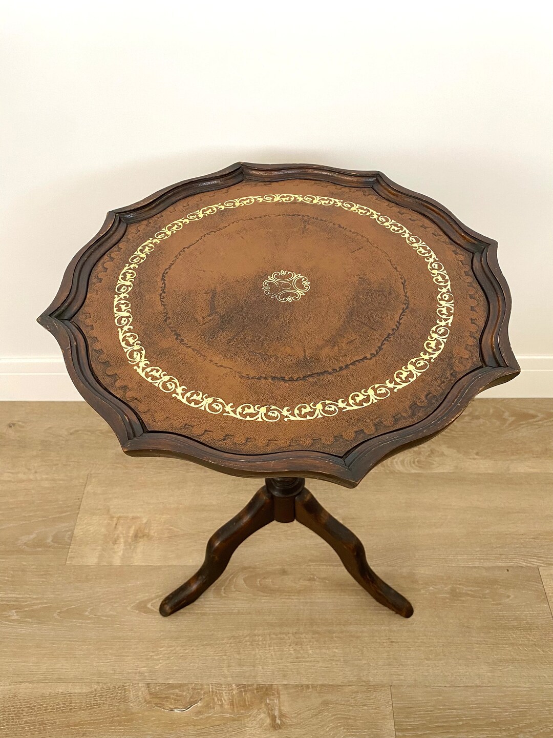 Small Vintage French Wine Table With Brown Leather Top, Small Round ...