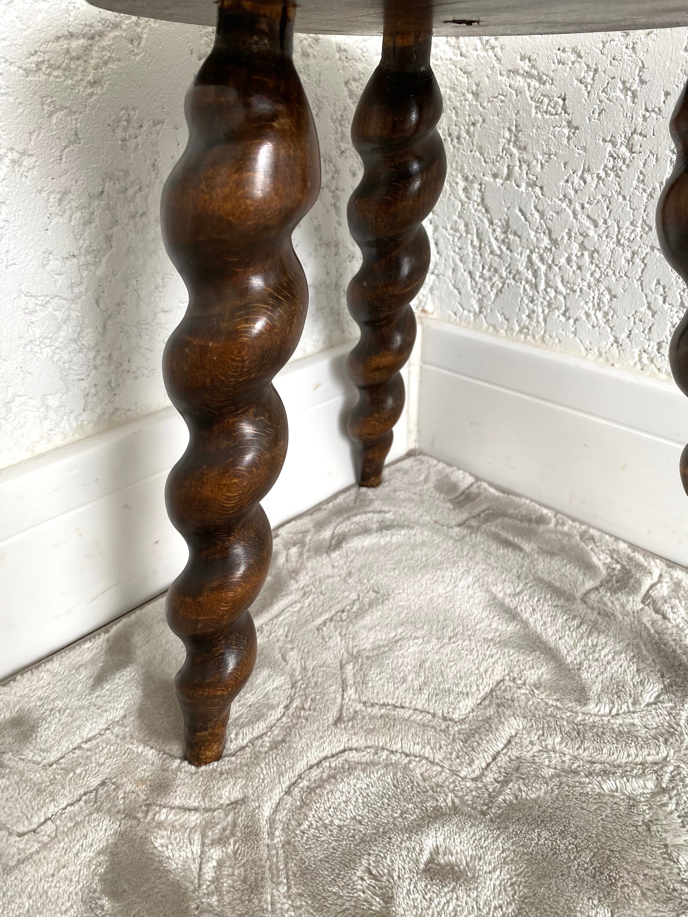 French Tripod Stool in Solid Wood With Twisted Legs, Turned Wood Saddle ...