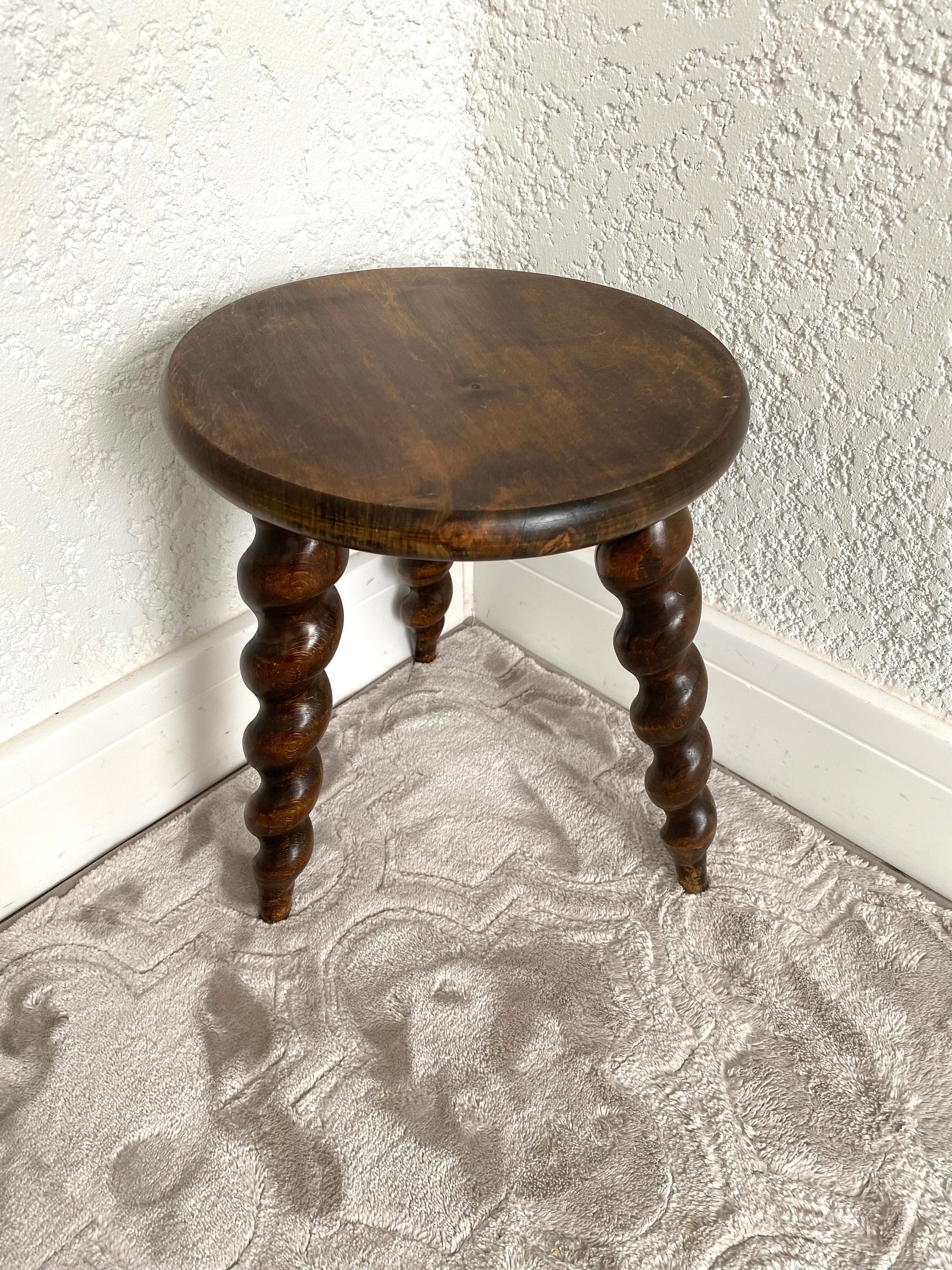 French Tripod Stool in Solid Wood With Twisted Legs, Turned Wood Saddle ...