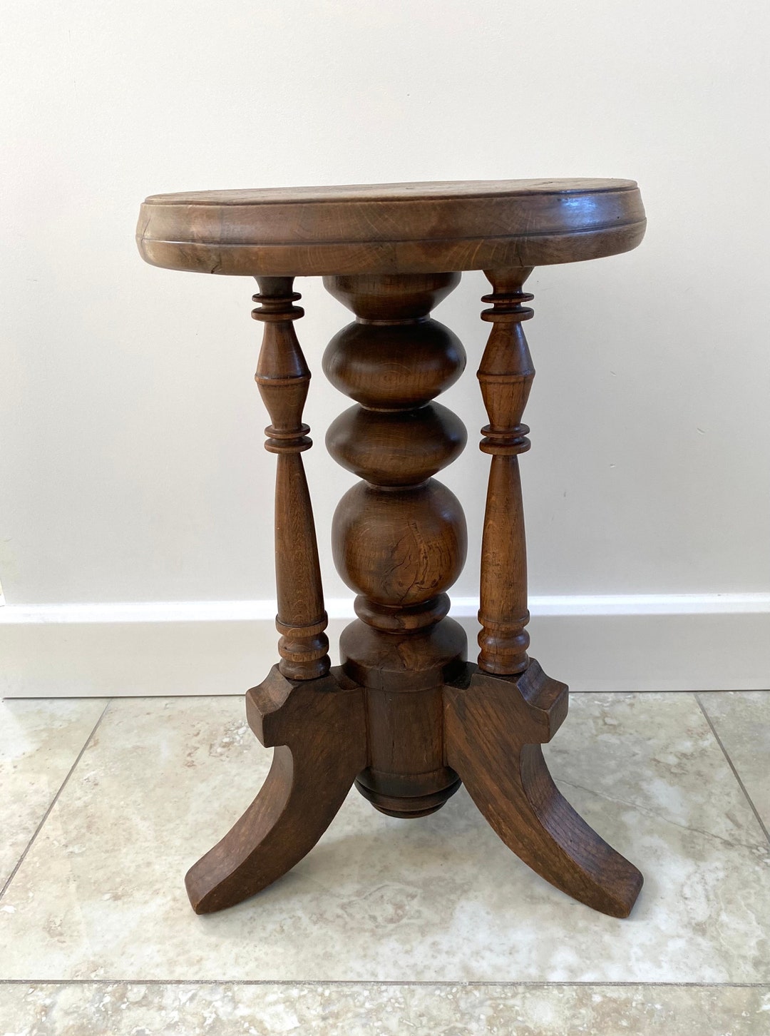 Small Round Solid Wood TABLE/GUERIDON, Small Side Table With Turned ...