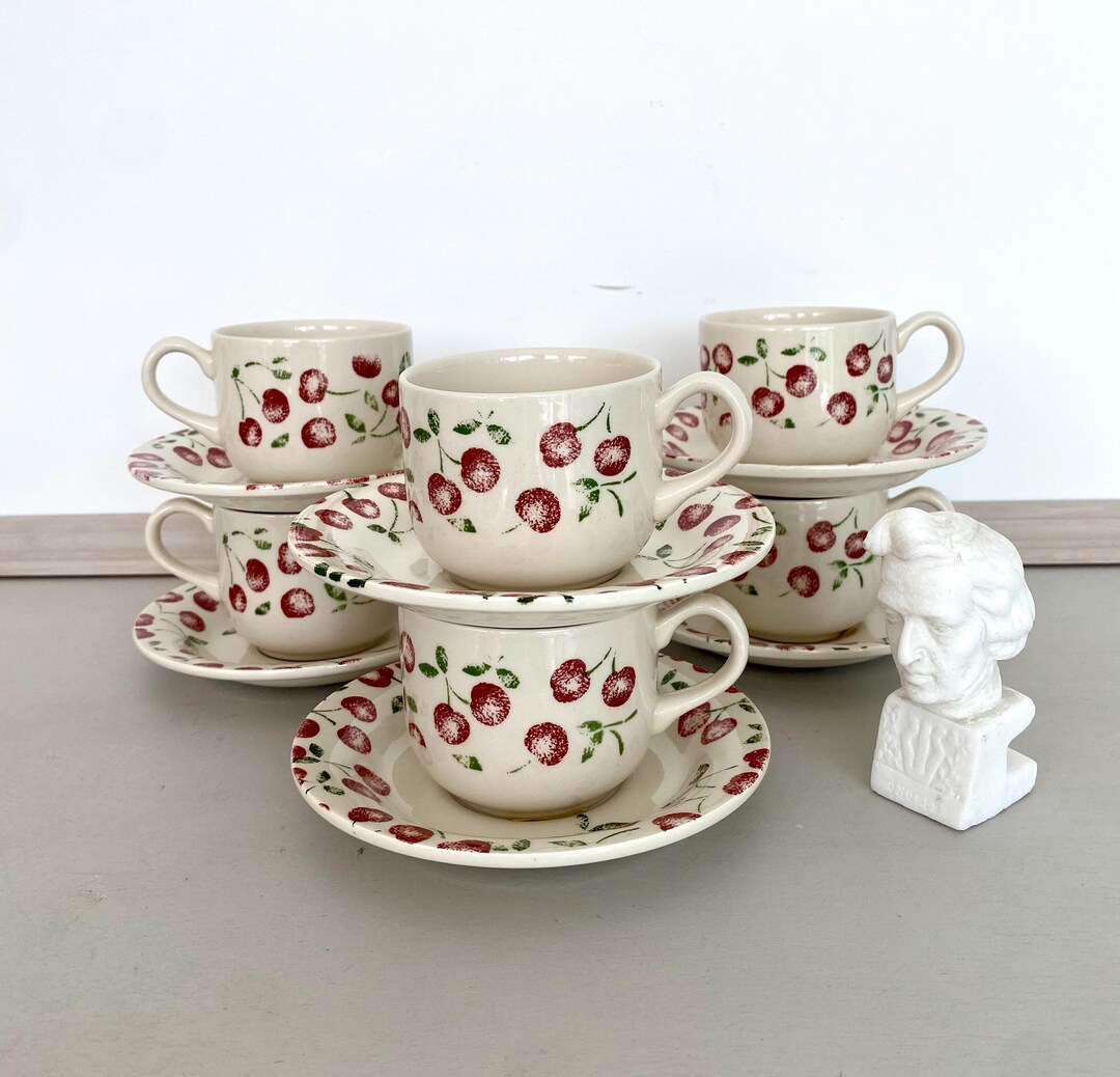 Set of 6 Vintage Cherry-decorated Earthenware Cups and Saucers, EIT ...
