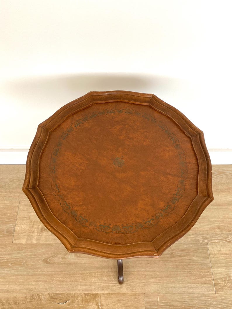 Small Vintage French Wine Table With Brown Leather Top, Small Round ...