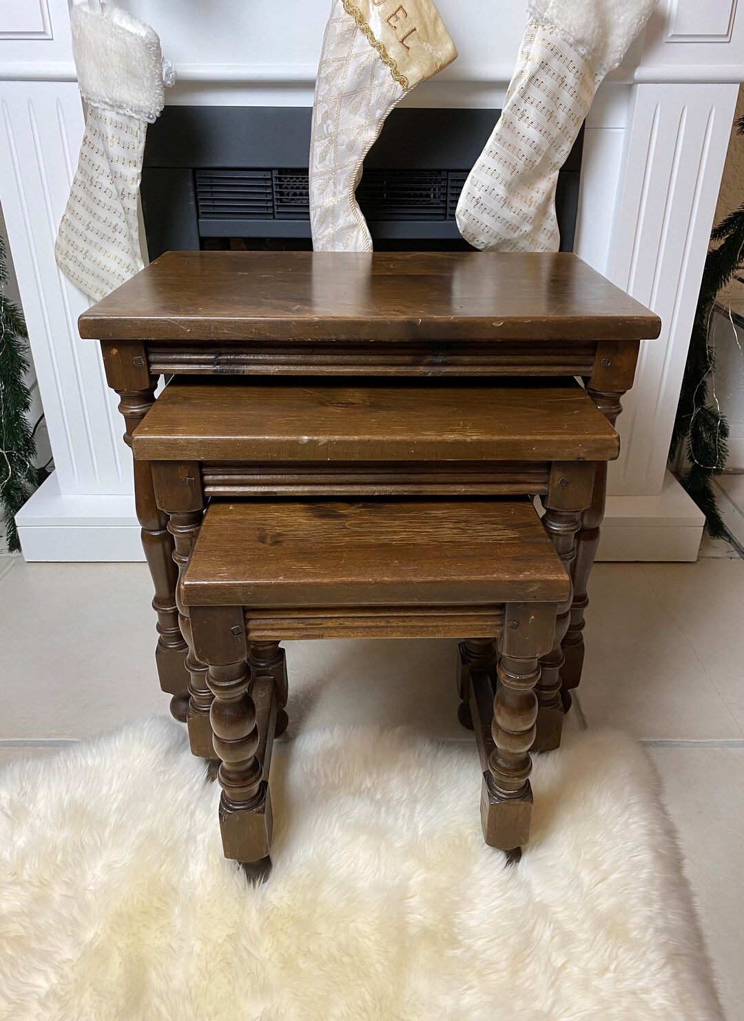 French Solid Wood GIGOGNE TABLE, Turned Wood Saddle, Vintage Mid ...