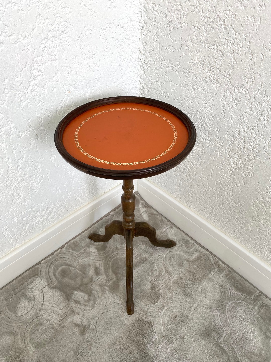 Small Vintage French Wine Table With Orange-red Leather Top, Small ...