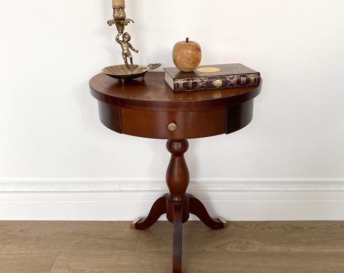 French Mahogany and Brass Half Moon Pedestal Table With Drawer, Antique ...