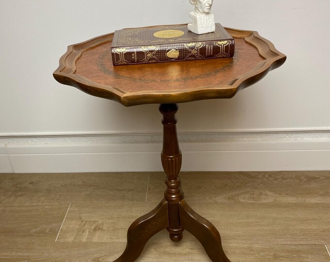 Small Vintage French Wine Table With Brown Leather Top, Small Round ...