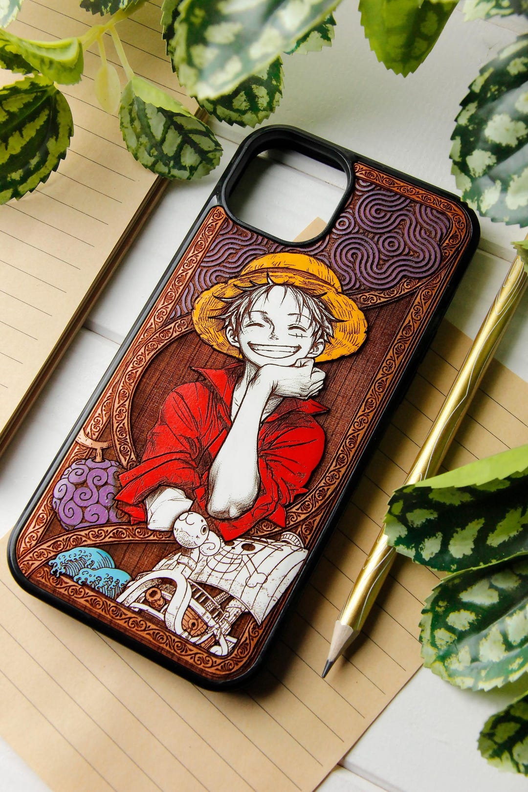 One Piece (luffy) - Phone Case Wood Laser Engraved + Hand Painting for ...