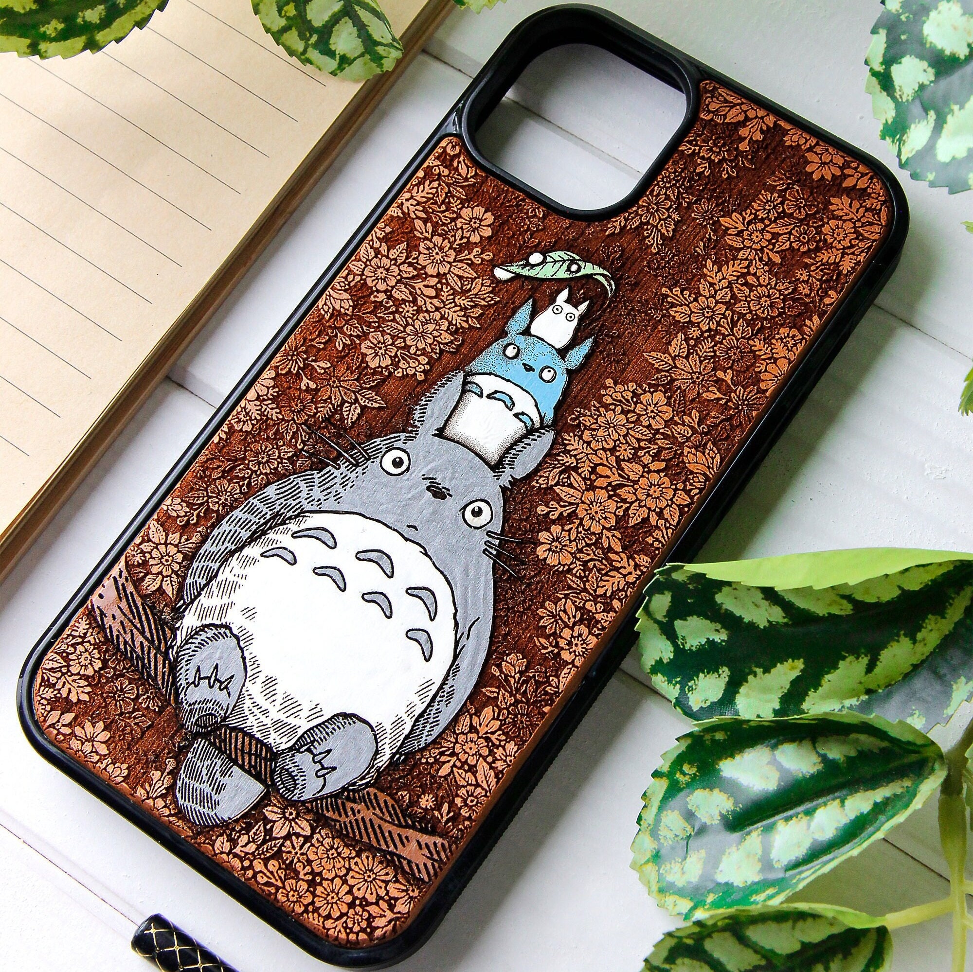 Totoro Phone Case Wood Laser Engraved Hand Painting for iPhone 15 14 13 12 11 XS X and Samsung S23 S22 S21 S20 Etsy