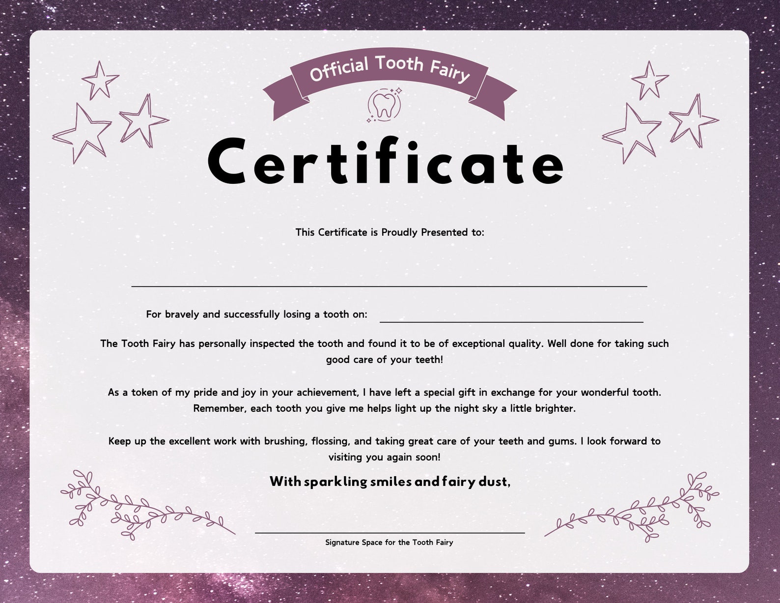 Tooth Fairy Certificate | Official Tooth | Tooth Fairy Printable ...
