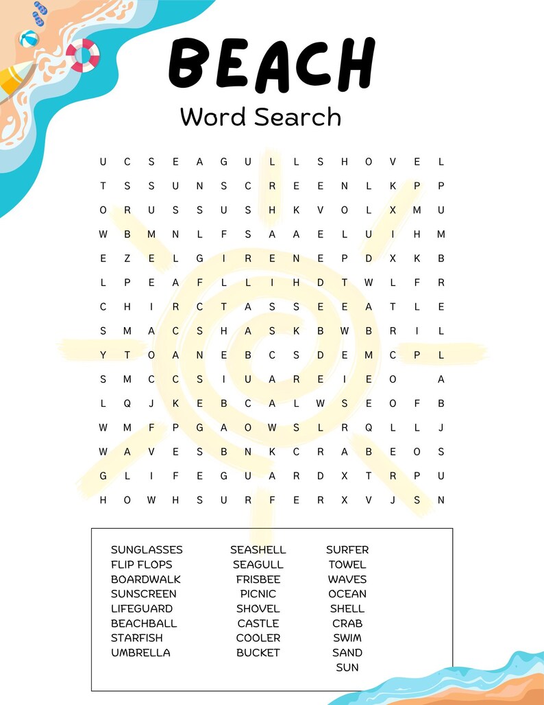 Beach Word Search Puzzle: Summer Fun Activity for Kids (PDF Download ...