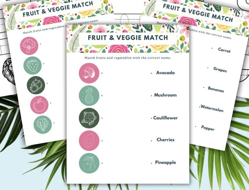 Fruit and Veggie Matching Worksheet | Printable PDF Matching for Kids ...