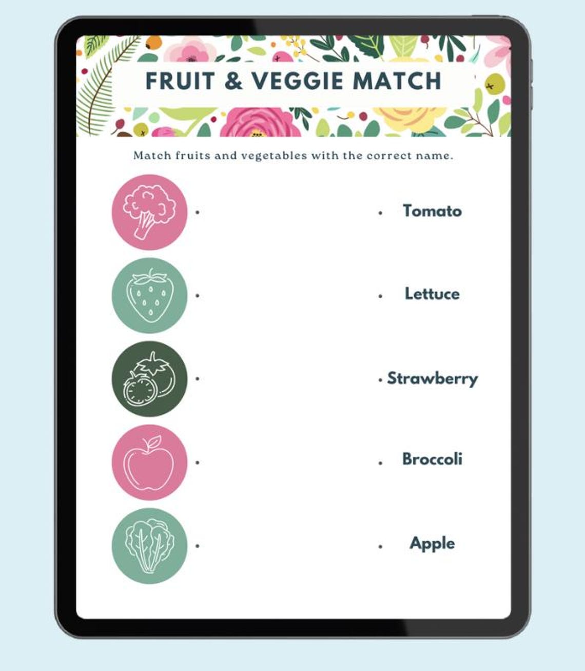 Fruit and Veggie Matching Worksheet | Printable PDF Matching for Kids ...